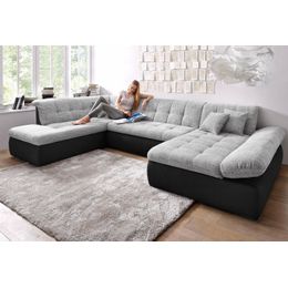 Wohnlandschaft DOMO collection "MORIC 353x216x80 cm, mit viel Platz, U-Form, auch in Cord", silber (schwarz, silber), B:353cm H:80cm T:216cm, Microfaser PRIMABELLE / Struktur (90% Polyester/ 10% Polyacryl);Kunstleder SOFTLUX / Struktur (90% Polyester/ 10% Polyacryl), Sofas, Wohnlandschaft, im XXL-Format, wahlweise mit Bettfunktion und Armlehnenverstellung