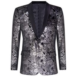 Klassischer Smoking-Blazer aus schwarzem Samt mit silbernem Paisley-Muster f&uuml;r Herren