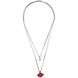 Kette mit Anh&auml;nger Steuer "Halskette "Kuss" rot/rhodiumfarben", silber (silbergrau), Halsketten, Damen, 60cm, Metall, L: 60 B: 1,5mm, gl&auml;nzend, B:1,5mm