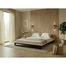 Futonbett OTTO HOME "Kobe, Massivholzbett aus Kiefer im Industrial Design, 200 KG belastbar", natur, schwarz, B:165cm H:18,5cm L:225cm, Betten, Futonbett, stabiles Kufengestell, rundum Ablagefl&auml;che, FSC, Made in Europe