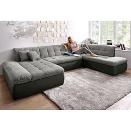 Wohnlandschaft DOMO collection "MORIC 353x216x80 cm, mit viel Platz, U-Form, auch in Cord", grau (schwarz, wei&szlig;, grau), B:353cm H:80cm T:216cm, Microfaser PRIMABELLE / Struktur (90% Polyester/ 10% Polyacryl);Kunstleder SOFTLUX / Struktur (90% Polyester/ 10% Polyacryl), Sofas, Wohnlandschaft, im XXL-Format, wahlweise mit Bettfunktion und Armlehnenverstellung