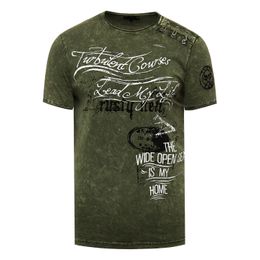 Rusty Neal Oil-Washed T-Shirt mit Seitlicher Knopfleiste und Prints