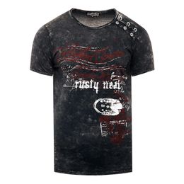 Rusty Neal Oil-Washed T-Shirt mit Seitlicher Knopfleiste und Prints