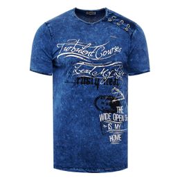 Rusty Neal Oil-Washed T-Shirt mit Seitlicher Knopfleiste und Prints