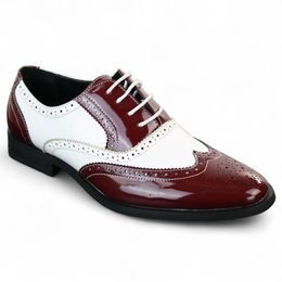 Herren Lack Schn&uuml;rschuhe Rot Wei&szlig; Brogues Elegante Abendschuhe