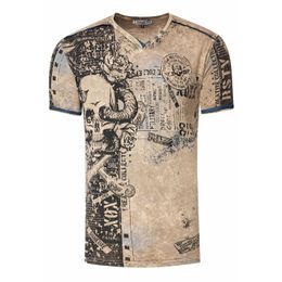 Rusty Neal V-Neck T-Shirt mit All Over Skull X Snake Print und Wildleder-Details