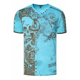 Rusty Neal V-Neck T-Shirt mit All Over Skull X Snake Print und Wildleder-Details