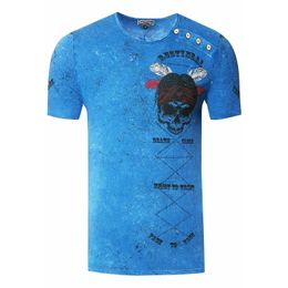 Rusty Neal Verwaschenes Rundhals T-Shirt mit Knopfleiste und Prints