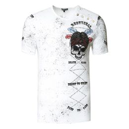 Rusty Neal Verwaschenes Rundhals T-Shirt mit Knopfleiste und Prints