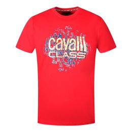 Cavalli Class Gradien Skalen Design Logo Rotes T-Shirt