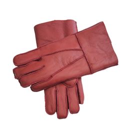 Rote Unisex-Handschuhe aus Schaffell mit aufrollbaren B&uuml;ndchen