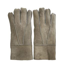 Unisex-Handschuhe aus Wildleder und Schaffell in Stein mit aufrollbaren B&uuml;ndchen