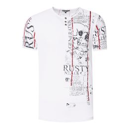 Rusty Neal Henley T-Shirt mit Knopfleiste und Seitlichen Front Prints