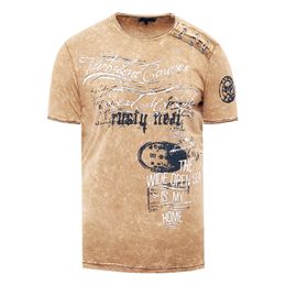 Rusty Neal Oil-Washed T-Shirt mit Seitlicher Knopfleiste und Prints