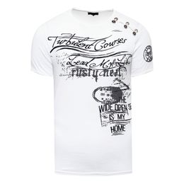 Rusty Neal Oil-Washed T-Shirt mit Seitlicher Knopfleiste und Prints