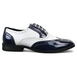 Herren Lack Schn&uuml;rschuhe Marineblau Wei&szlig; Brogues Elegante Abendschuhe