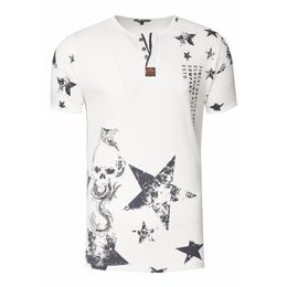 Rusty Neal Rundhals Henley T-Shirt mit Prints und Knopfleiste