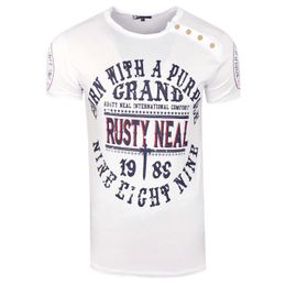 Rusty Neal Rundhals T-Shirt mit Knopfleiste und Front-Prints