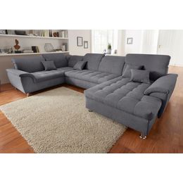 Wohnlandschaft DOMO collection "FRANZI optional mit Bettfunktion, Bettkasten & Kopfteilverstellung", grau (dunkelgrau), B:352cm H:80cm T:214cm, Flachgewebe (100% Polyester);Chenille (100% Polyester), Sofas, Wohnlandschaft, XXL-Sofa, U-Form, Recamiere rechts, dunkelgrau, B/T: 352/214 cm