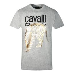 Cavalli Class gro&szlig;es graues T-Shirt mit goldenem Tiger-Schablonenlogo