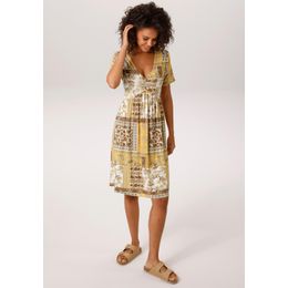 Sommerkleid Aniston CASUAL, Damen, Gr. 40, N-Gr, wollwei&szlig;, sonnengelb, salbei, braun, taupe, Single Jersey, Obermaterial: 95% Viskose, 5% Elasthan, Paisley, bedruckt, gebl&uuml;mt, figurumspielend kniefrei, V-Ausschnitt, Kleider Sommerkleid, im fantasievollen Patch-Dessin- jedes Teil ein Unikat