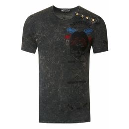 Rusty Neal Verwaschenes Rundhals T-Shirt mit Knopfleiste und Prints