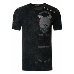 Rusty Neal Verwaschenes Rundhals T-Shirt mit Knopfleiste und Prints