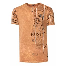 Rusty Neal Henley T-Shirt mit Knopfleiste und Seitlichen Front Prints