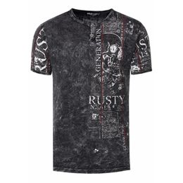 Rusty Neal Henley T-Shirt mit Knopfleiste und Seitlichen Front Prints