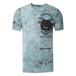 Rusty Neal Verwaschenes Rundhals T-Shirt mit Knopfleiste und Prints
