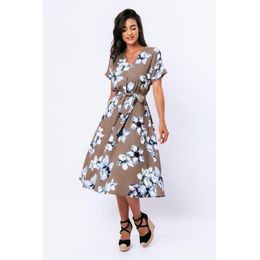 Midi-Kleid im Leinenstil mit Blumenmuster und G&uuml;rtel