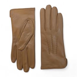 Damen-Fahrhandschuhe aus hellbraunem italienischem Leder mit weichem Wollfutter und Winter-Ziernahtdesign