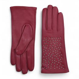 Rote italienische Leder-Fahrhandschuhe f&uuml;r Damen mit weichem Wollfutter, Winterdesign und Nietenbesatz