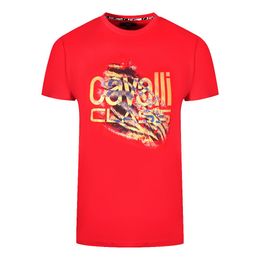 Cavalli Class Geschnittenes Tiger-Print Fett-Logo Rotes T-Shirt