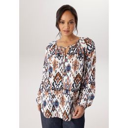 Schlupfbluse ANISTON PLUS, Damen, Gr. 48, wei&szlig;, blau, hellblau, braun, schwarz, Web, Obermaterial: 100% Viskose, bedruckt, gemustert, figurumspielend Po-bedeckend, V-Ausschnitt, mit Gummizug, Blusen Schlupfbluse, in Ethnodruck