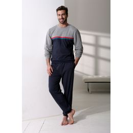 Pyjama Le Jogger, Herren, Gr. 44/46 (S), bunt (grau, meliert, blau), Jersey, Obermaterial: 100% Baumwolle, unifarben, Basic, bequem lang, Rundhals, angesetztes B&uuml;ndchen, Homewear-Sets Pyjama, Schlafanzug in langer Form mit kontrastfarbenen Streifen