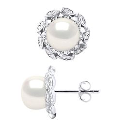 Ohrstecker FLOWER Perlen S&uuml;&szlig;wasser 8-9mm Wei&szlig; Knopfschmuck 925