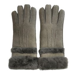 Damenhandschuhe aus echtem, grauem Schaffell und Wildleder mit aufrollbaren B&uuml;ndchen