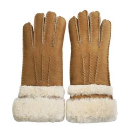 Damenhandschuhe aus echtem, hellbraunem Schaffell-Wildleder mit aufrollbaren B&uuml;ndchen