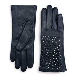 Schwarze italienische Leder-Fahrhandschuhe f&uuml;r Damen mit weichem Wollfutter, Winterdesign und Nietenbesatz