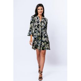 Khaki, Ecru und Blau gebl&uuml;mtes Kleid mit Glocken&auml;rmeln