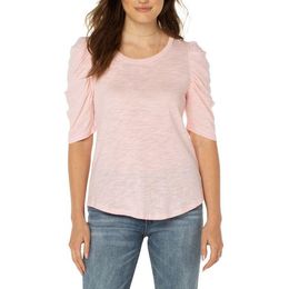 Kurz&auml;rmliges T-Shirt aus gerafftem Flammstrick mit Pfingstrosenmuster