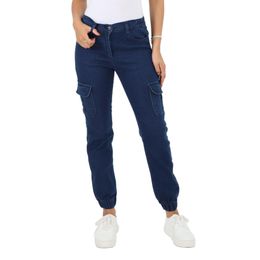 Damen-Jeans mit seitlichem elastischem Bund und B&uuml;ndchen in dunkler Stonewash-Optik