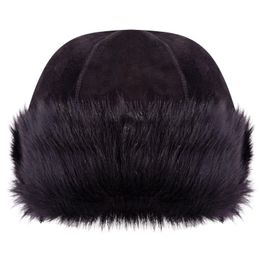 SCHWARZE 100 % Schaffell-Shearling-Leder-Toscana-Fell-M&uuml;tze, runder Fischerhut