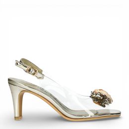 Laura Vita Damen-Sandalen Mira 05, durchsichtig-golden, zum Hineinschl&uuml;pfen, Cinderella-Stil, spitz zulaufender Absatz, Kn&ouml;chelriemen