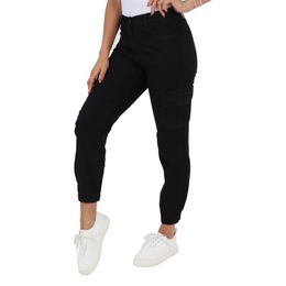 Damen-Jeans mit seitlichem elastischem Bund und B&uuml;ndchen in Schwarz