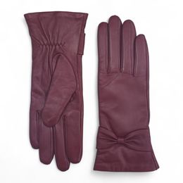 Damen-Fahrhandschuhe aus burgunderrotem italienischem Leder mit weichem Wollfutter und Schleifendesign f&uuml;r den Winter