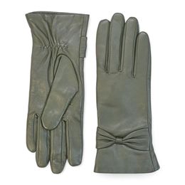 Damen-Fahrhandschuhe aus olivgr&uuml;nem italienischem Leder mit weichem Wollfutter und Schleifendesign f&uuml;r den Winter