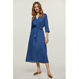 Blaues Midikleid im Leinenstil mit G&uuml;rtel
