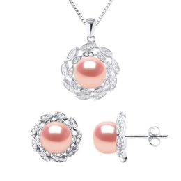 Schmuck Halskette & Ohrringe FLOWER S&uuml;&szlig;wasserperle 9-10 mm Natural Rose 925